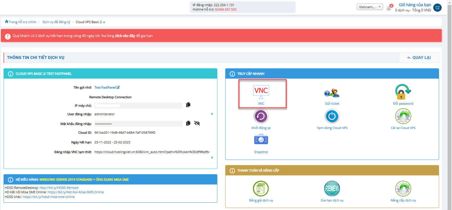 Hướng dẫn vào VNC từ trang quản lý – Tài liệu – HostingViet